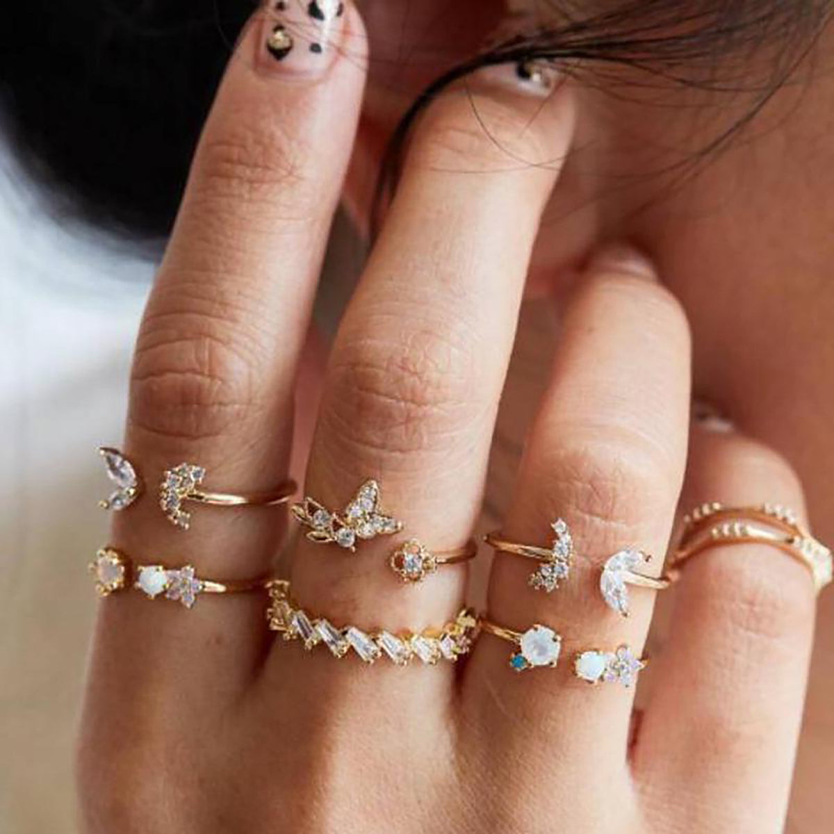 Faye Cute Unique Stackable Gold Butterfly Statement 7 Piece Ring Set ...