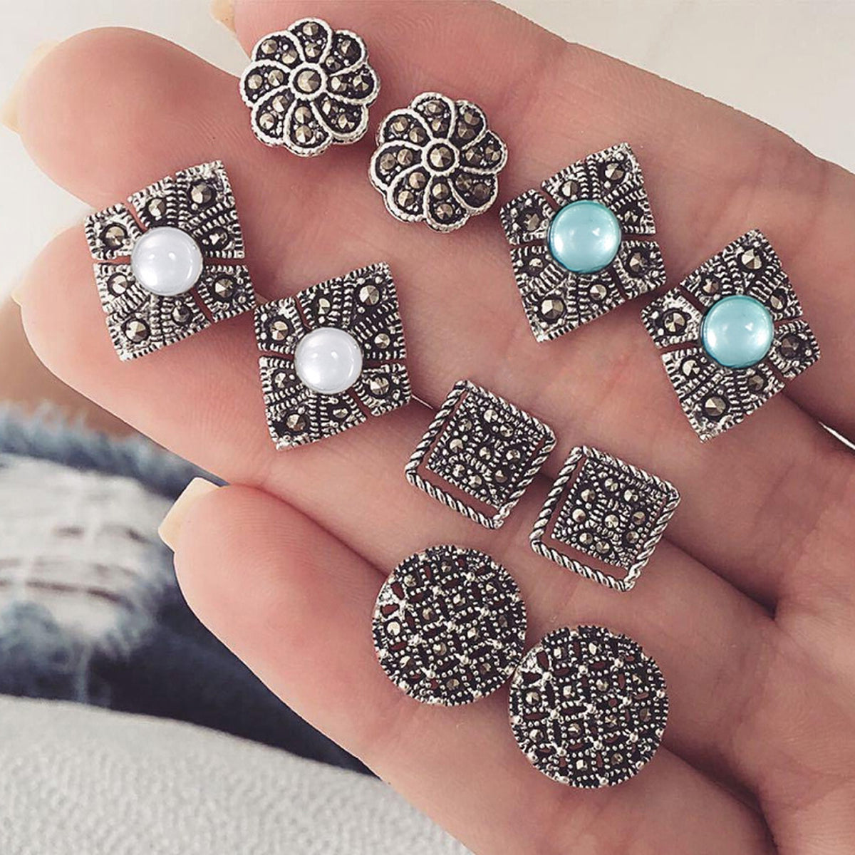 Gwen Vintage Victorian Cat Eye Opal Ear Piercing Earring Studs Set 5 P ...