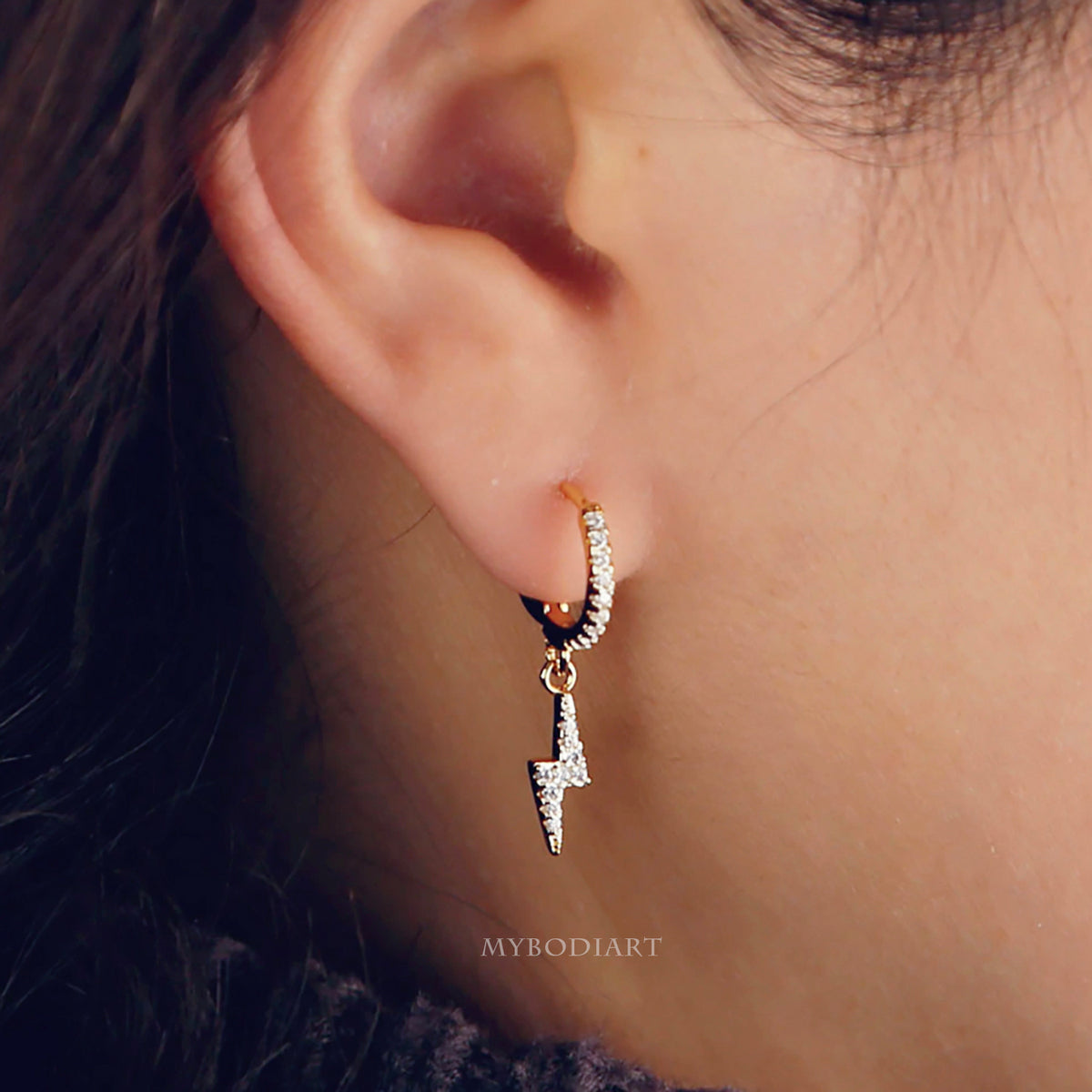 Electra Cute Gold Lightning Bolt Dangle Drop Crystal Huggie Hoop Earri ...