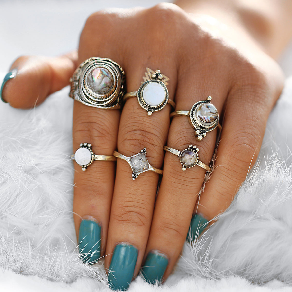 Arya Boho Antiqued Gold Opal Shell Statement Midi Ring & Rings Set 6 P ...