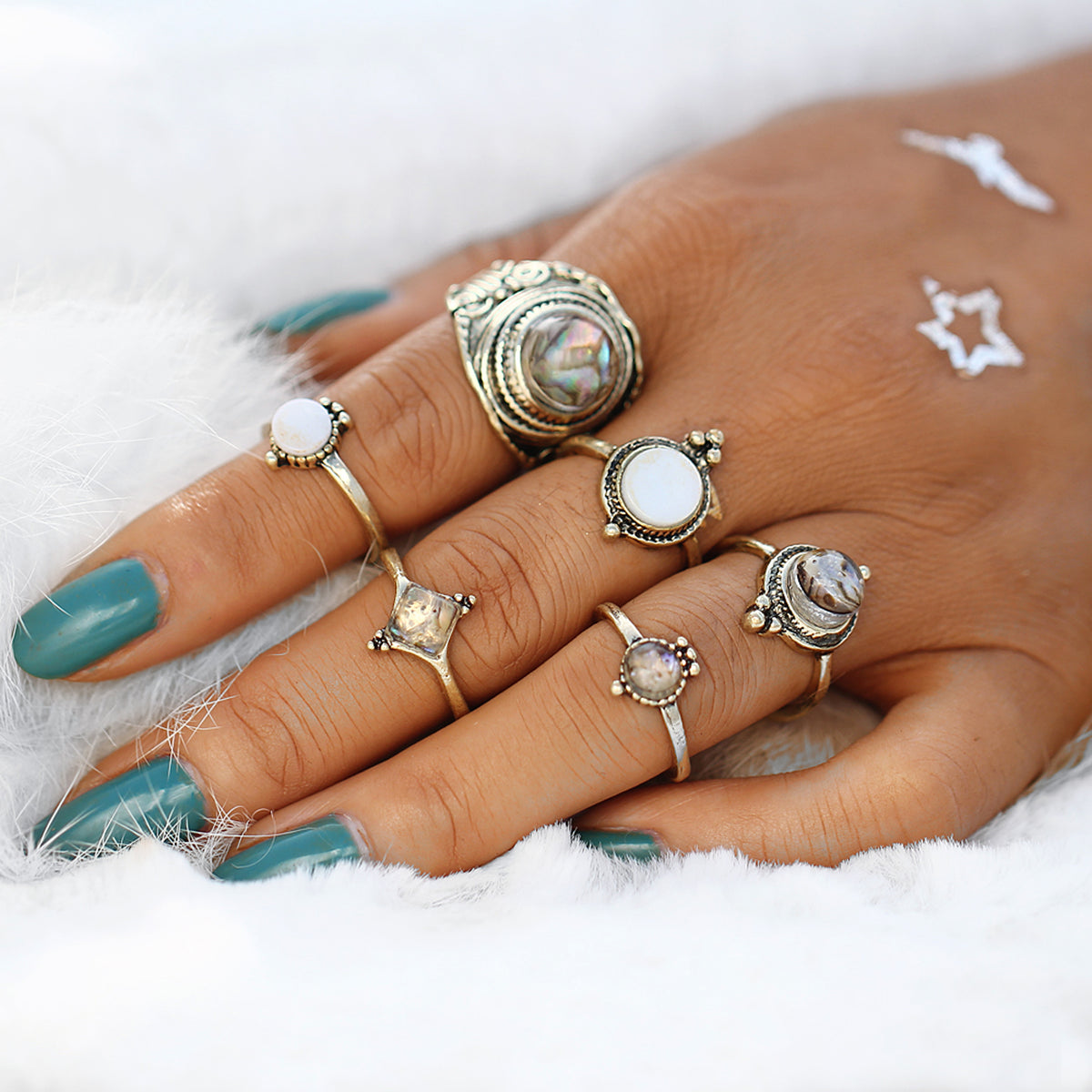 Arya Boho Antiqued Gold Opal Shell Statement Midi Ring & Rings Set 6 P ...