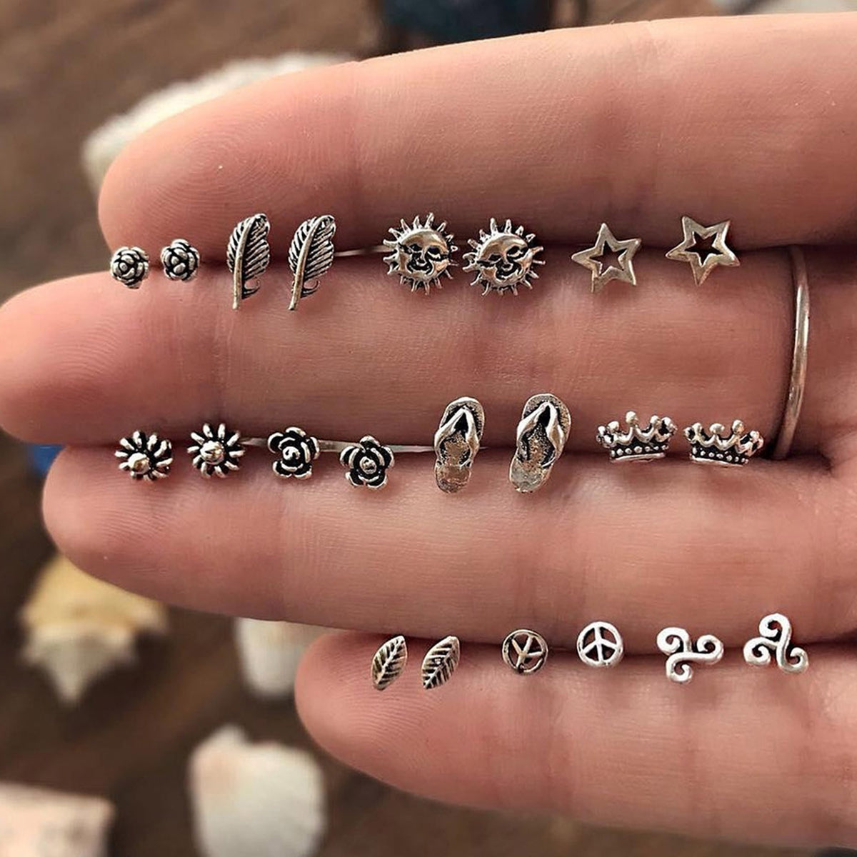 Willa Small Boho Antiqued Vintage Silver Leaf Flower Moon Ear Piercing ...