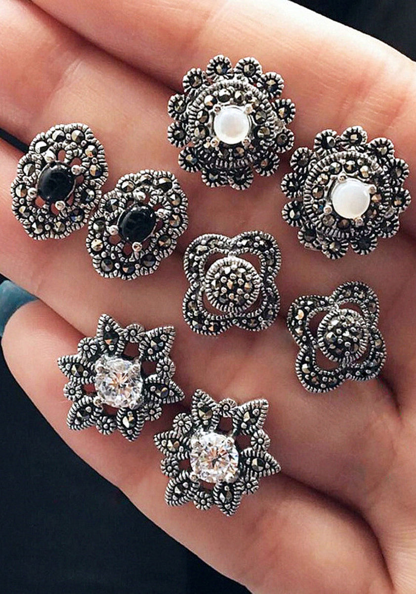 Aubri Antiqued Filigree Flower Earring Studs Set 5 Pairs in Antiqued S ...