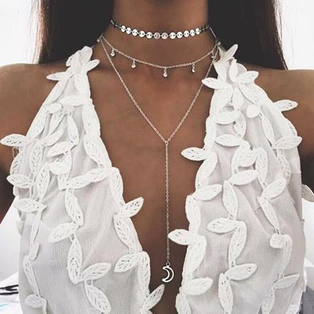 Cosmo Triple Layered Moon Choker Necklace in Silver – MyBodiArt