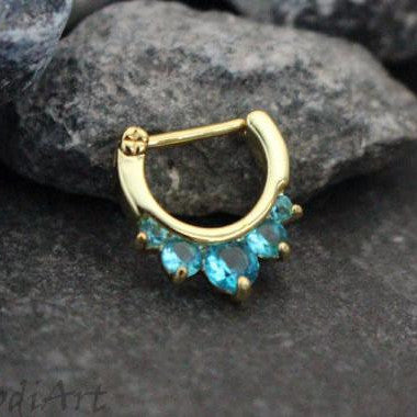 Golden Septum Piercing, Blue Crystal Daith Piercing 16G – MyBodiArt