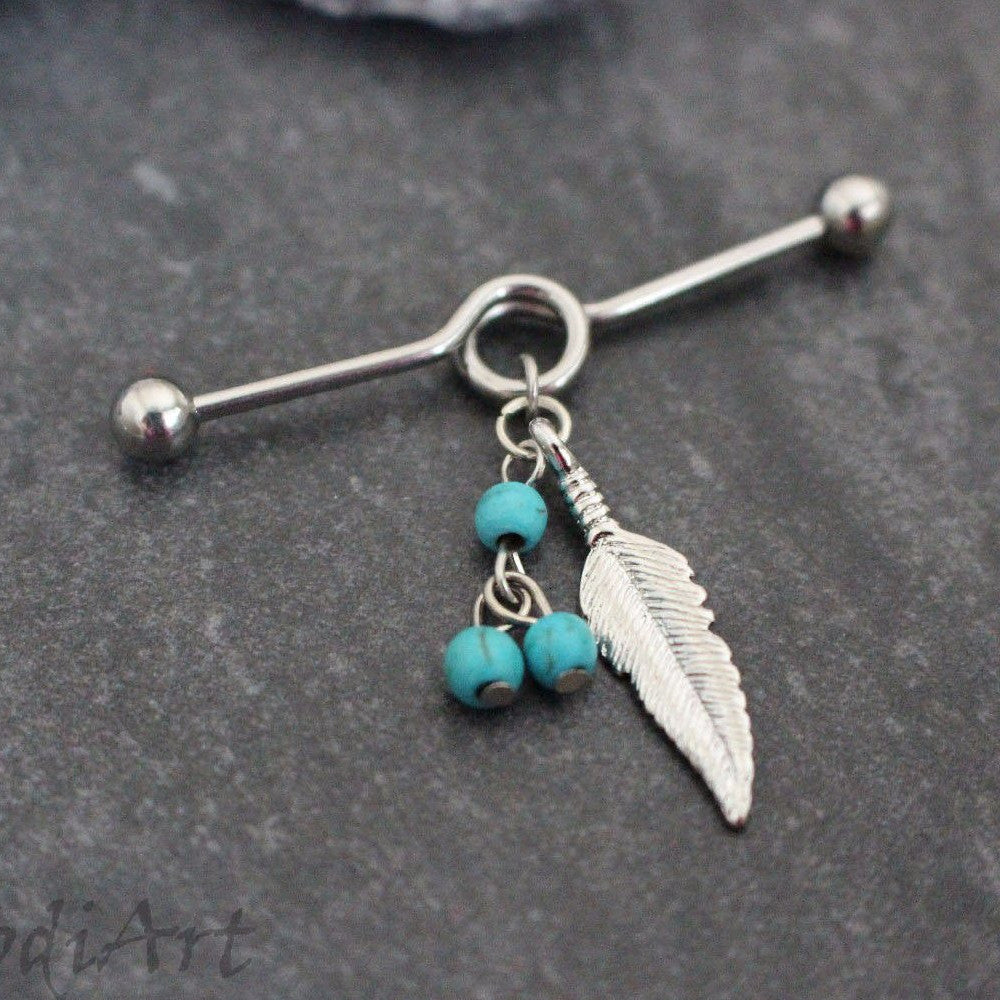 Bohemina Feather Industrial Barbell with Turquoise Charms – MyBodiArt