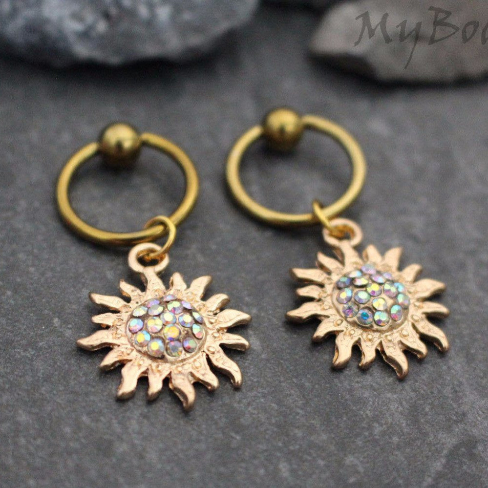 Golden Flaming Sun Nipple Piercing Jewelry, Navel Rings – MyBodiArt
