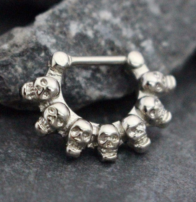 Skull Septum Ring, Silver Septum Clicker, Daith Piercing, Conch Hoop ...
