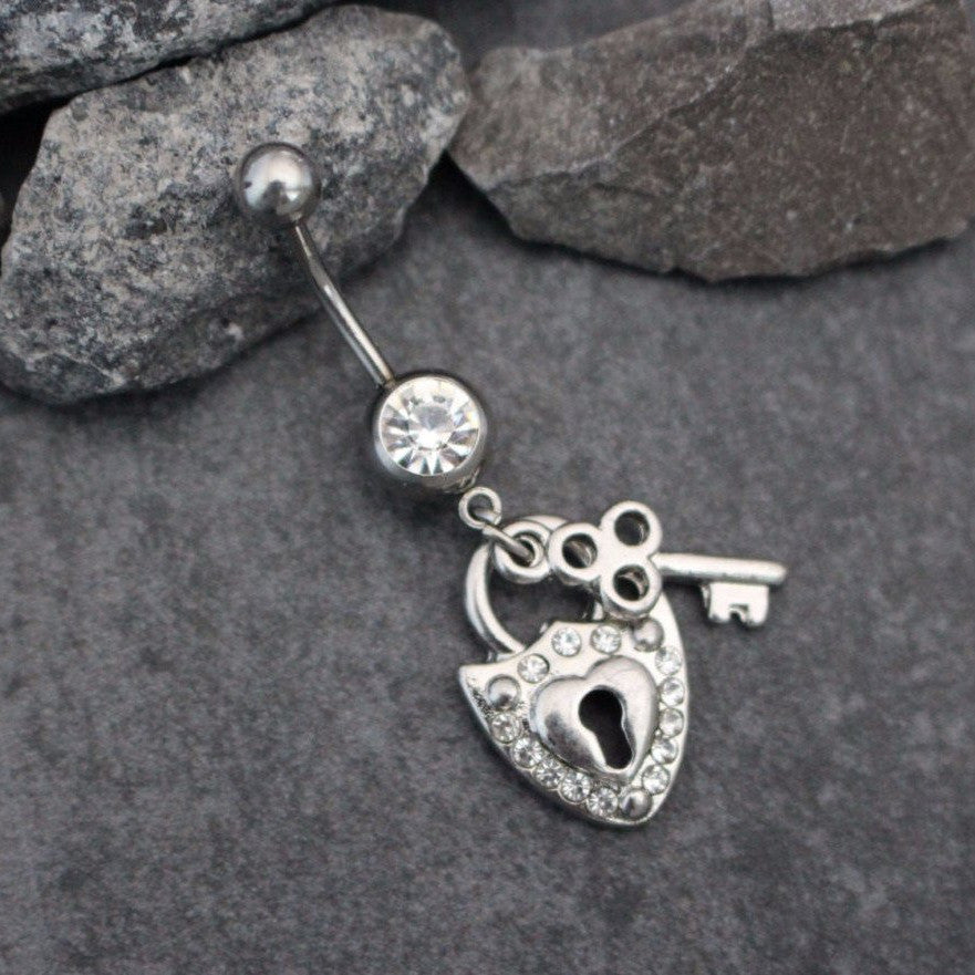 Lock & Key Navel Piercing | Belly Button Rings Dangle | Silver Belly ...