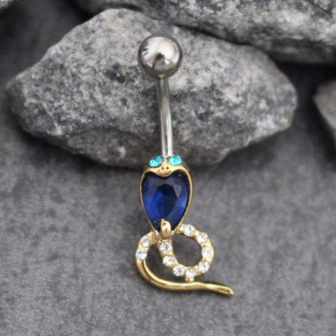 Snake Belly Bar, Gold Belly Button Stud, Belly Button Piercing, Crystal ...