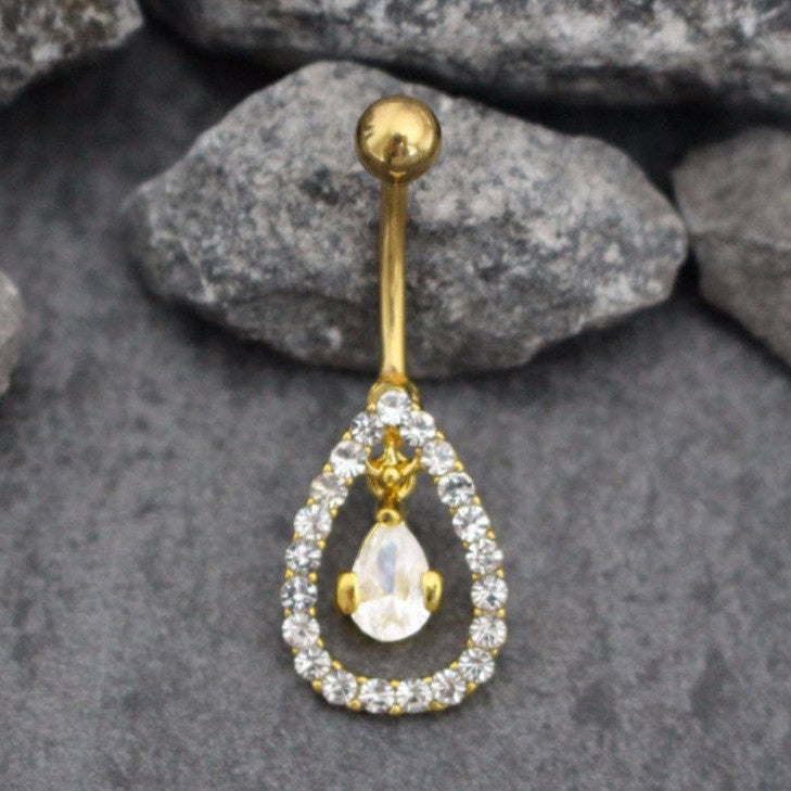 Tear Drop Belly Bar in Clear Crystals, Sparkly Belly Button Ring Stud ...