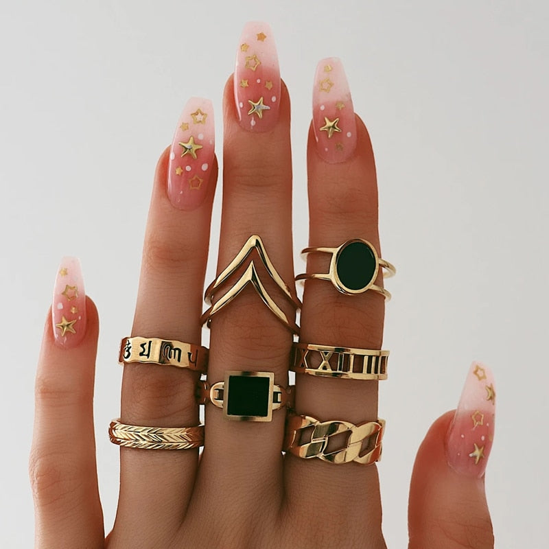 Hardy Cute Unique Stackable Gold Statement 7 Piece Ring Set – MyBodiArt
