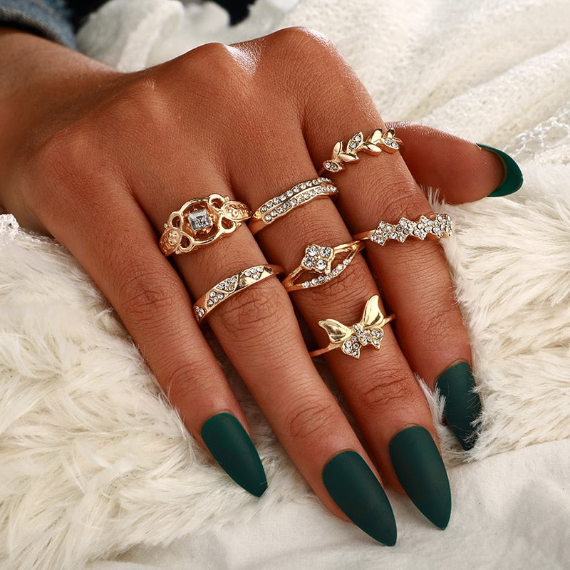 Tina Cute Unique Stackable Gold Butterfly Statement 7 Piece Ring Set ...