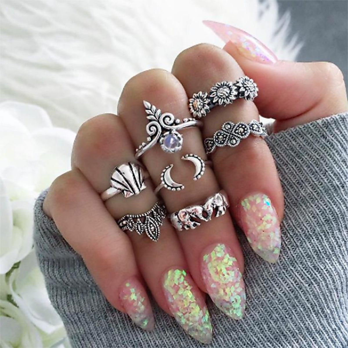 Hazel Boho Chic Rings Set in Antiqued Silver or Gold 7pcs – MyBodiArt